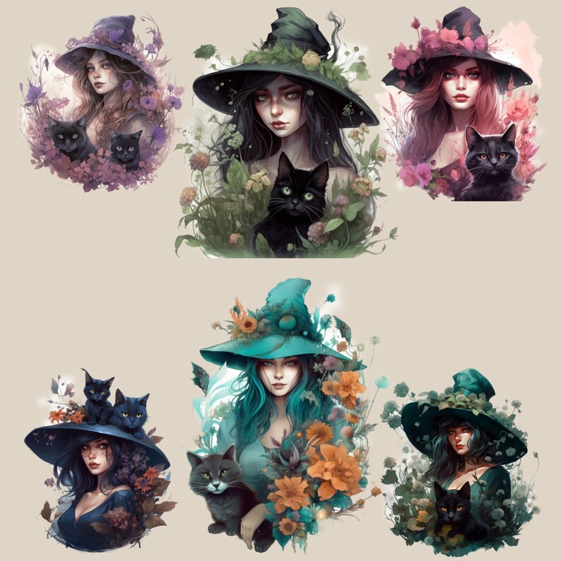 16 PNG Clip Art / Watercolor Colorful Witches / PNG / Transparent ...