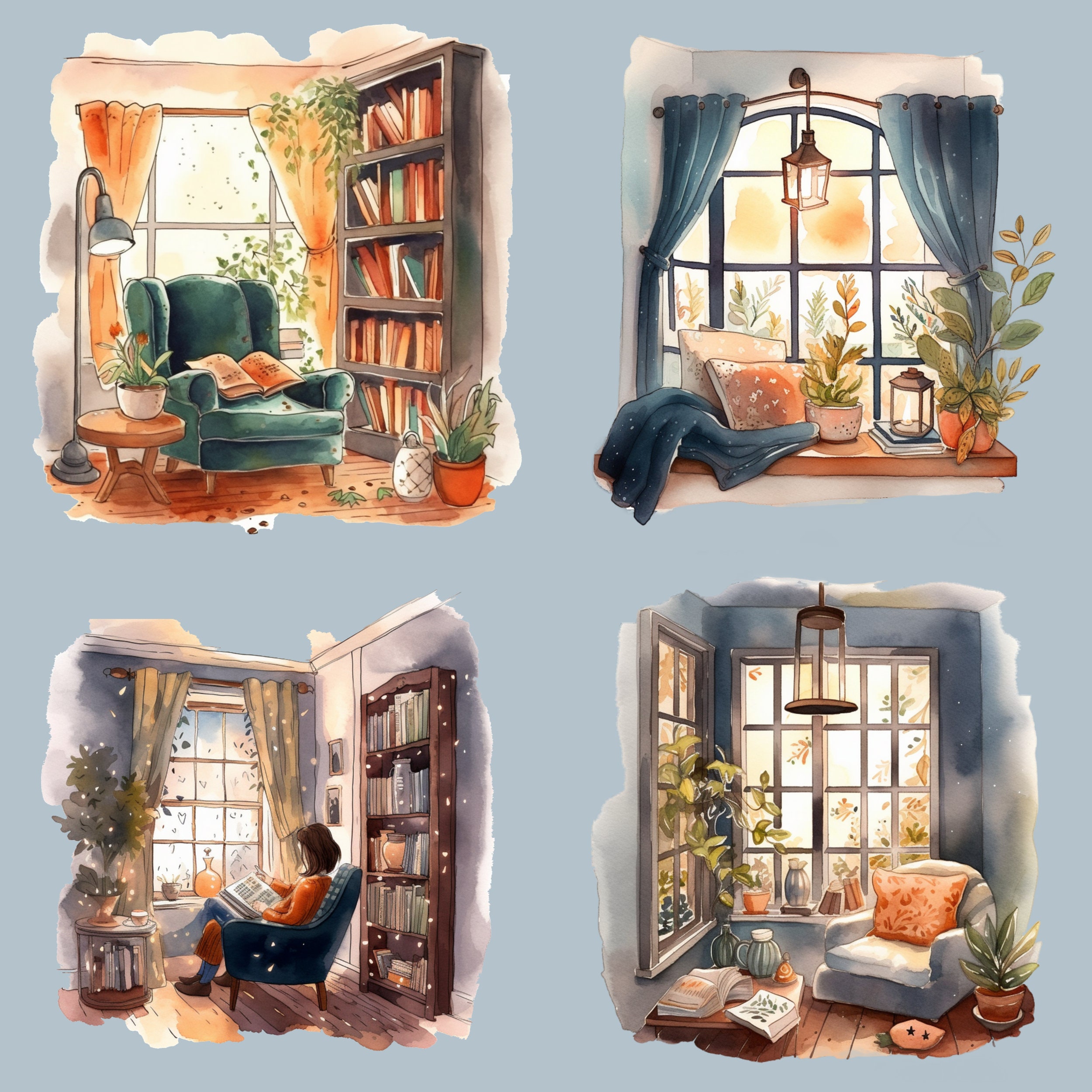 Watercolor Cozy Reading Nook Clipart, Bookworm Book PNG Bundle, Cozy ...