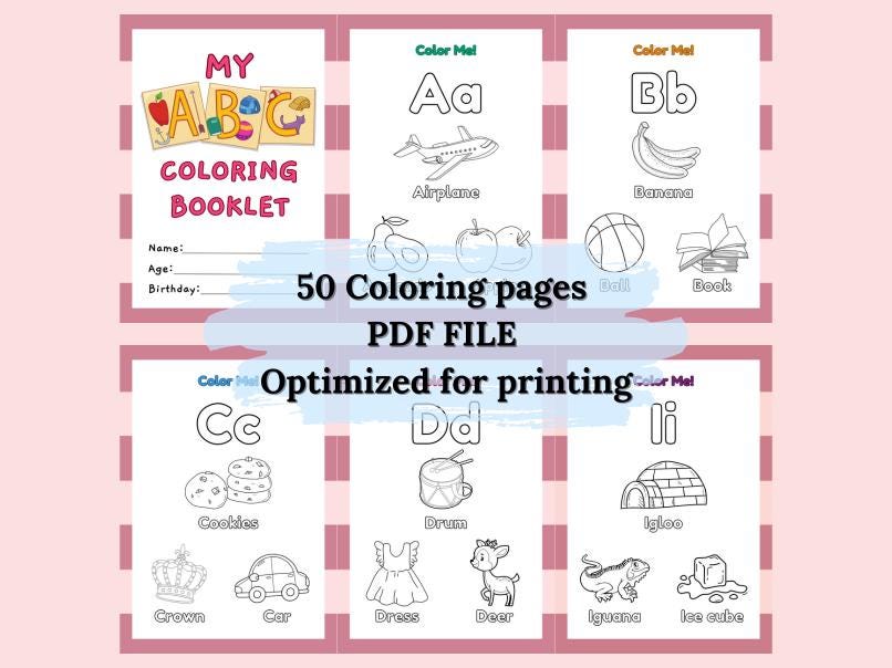 50 Pages Pink Cute My ABC Coloring Booklet Worksheet Coloring Book for ...