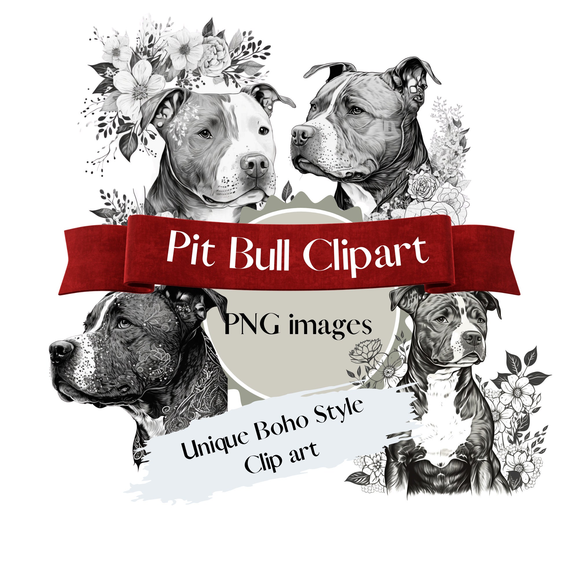 FULL Boho Themed Pitbull Clipart Bundle Collection, Puppy and Adult ...