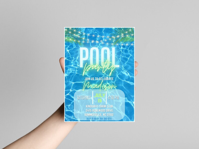 Neon Blue Pool Party Invitation, Editable Template, Summer Party ...