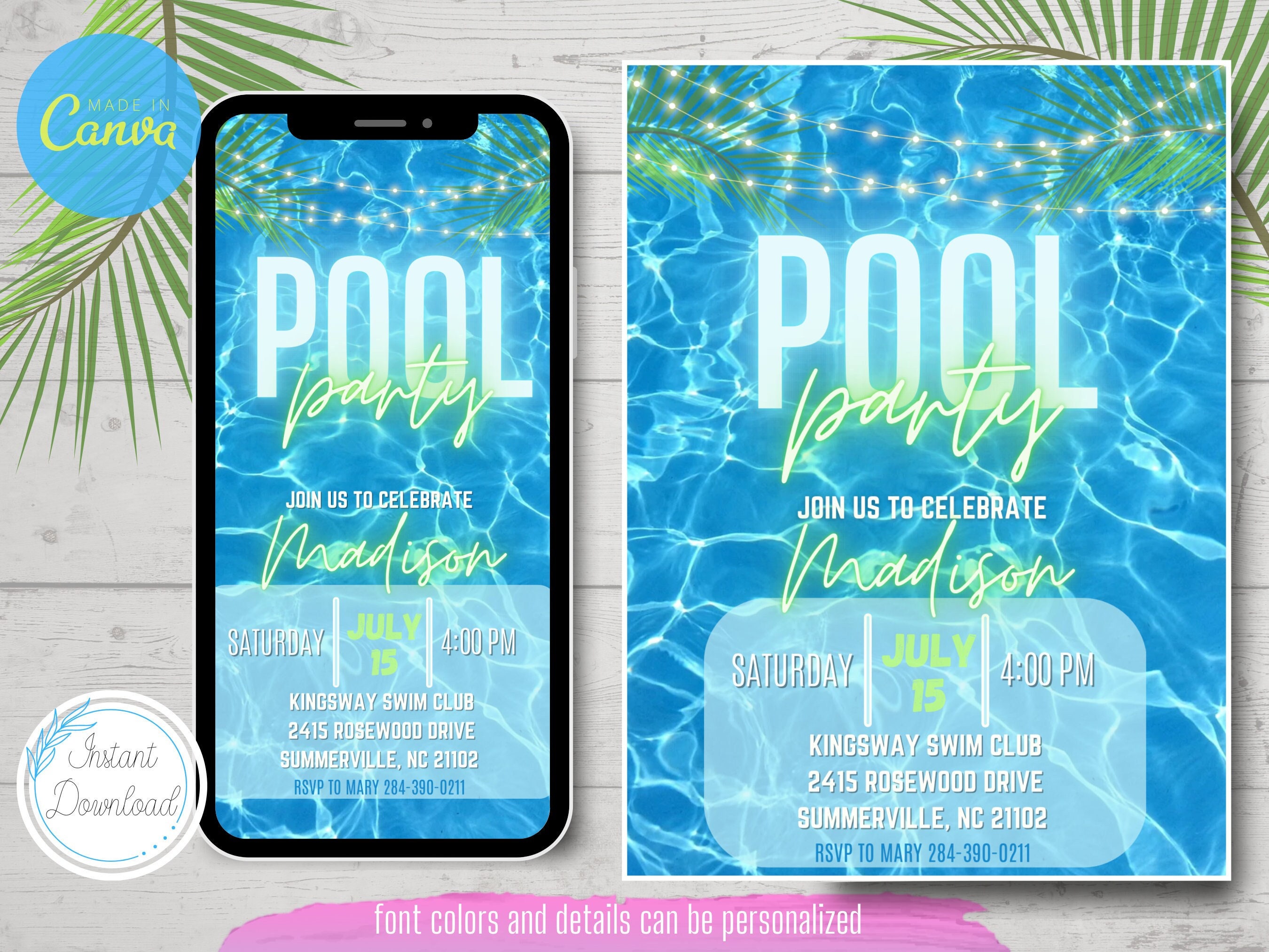 Neon Blue Pool Party Invitation, Editable Template, Summer Party ...