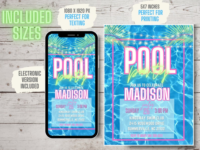 Pink Neon Pool Party Invitation, Editable Template, Summer Party ...