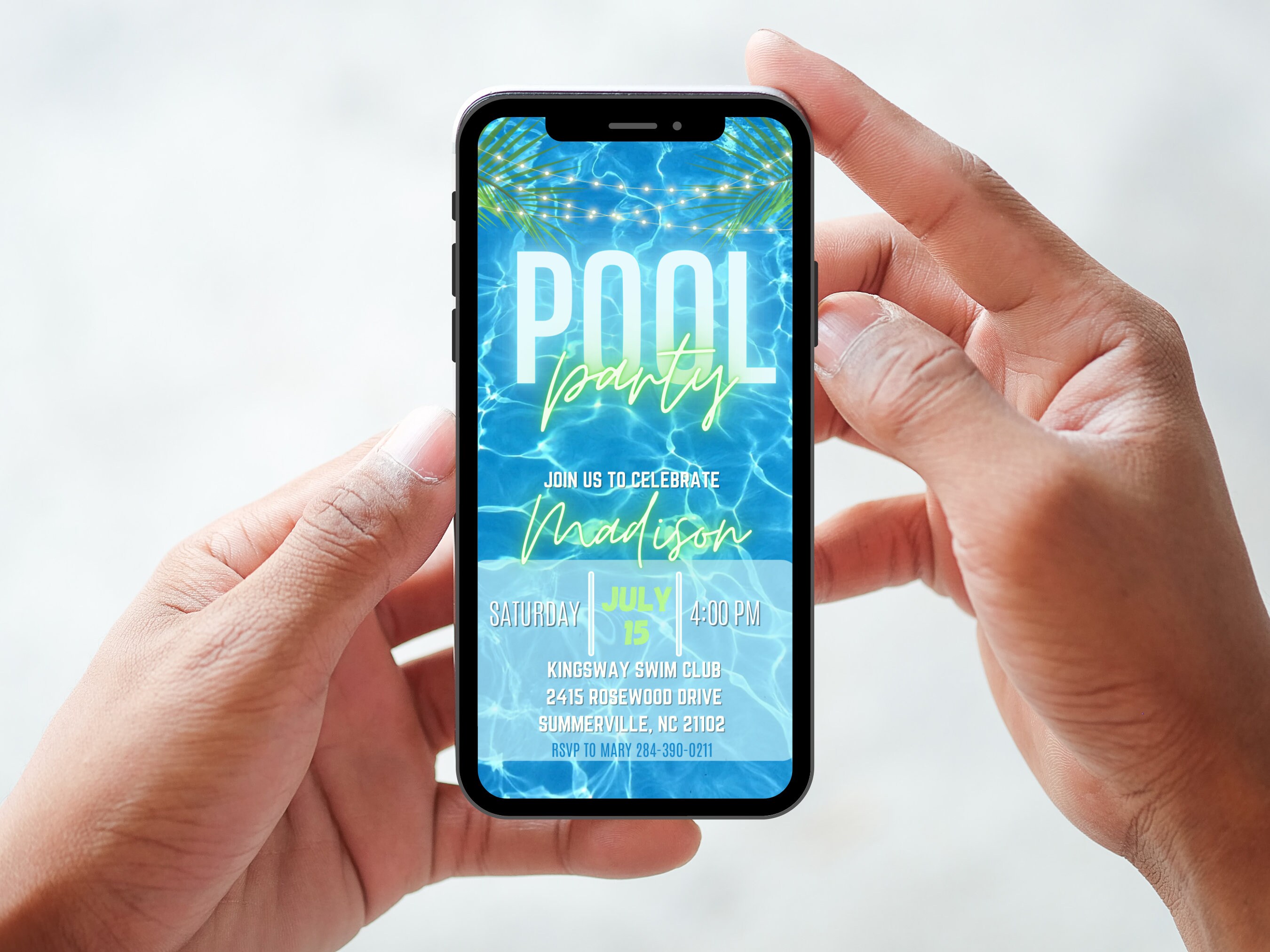 Neon Blue Pool Party Invitation, Editable Template, Summer Party ...