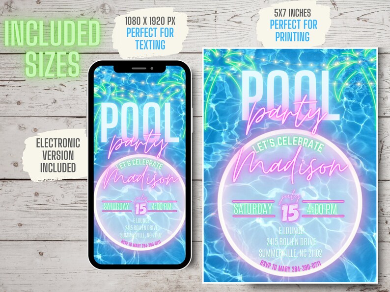 Neon Pool Party Invitation, Editable Template, Summer Party, Tropical ...