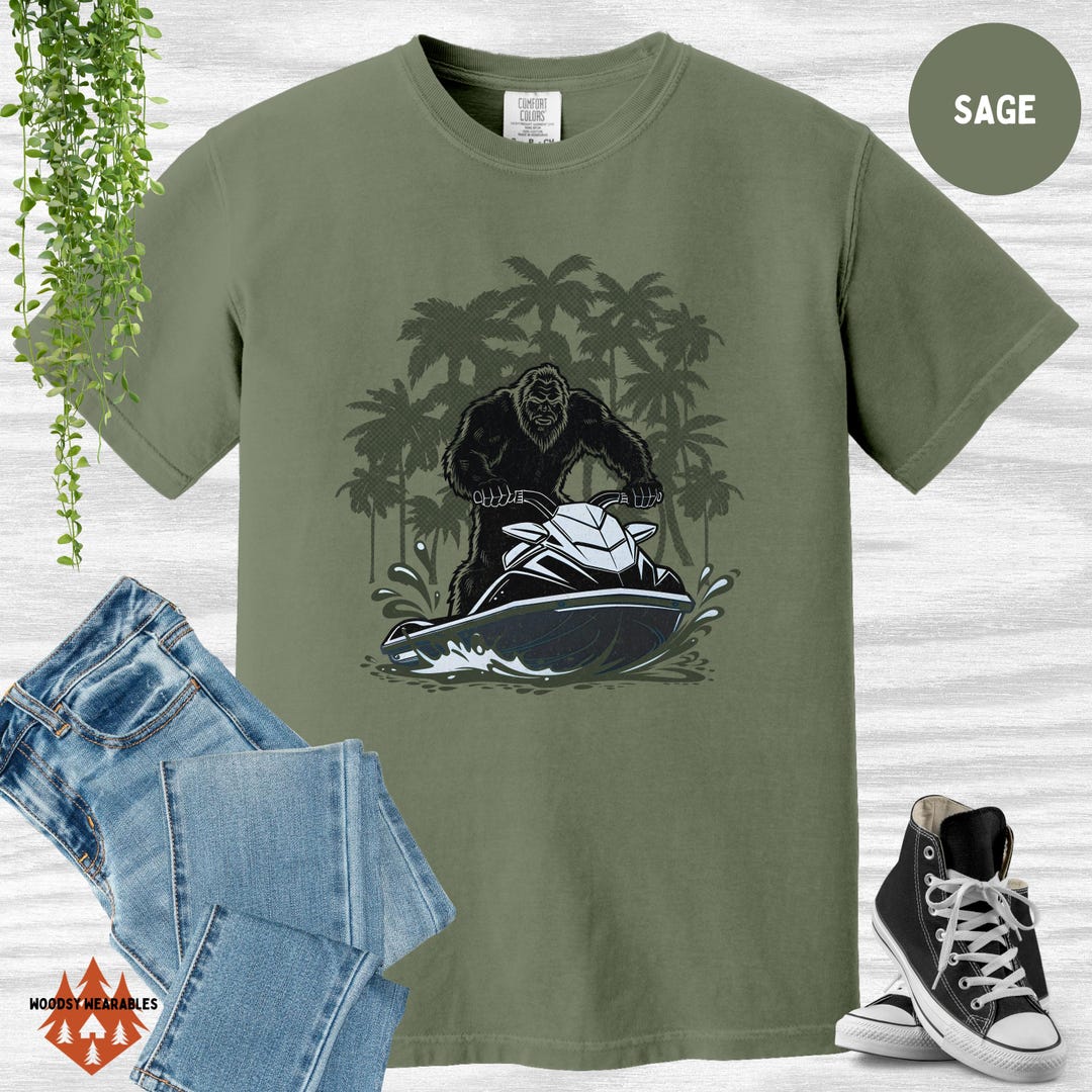 Squatch Jet Ski T-shirt, Bigfoot Tropical Squatch Ski Adventure Tee ...