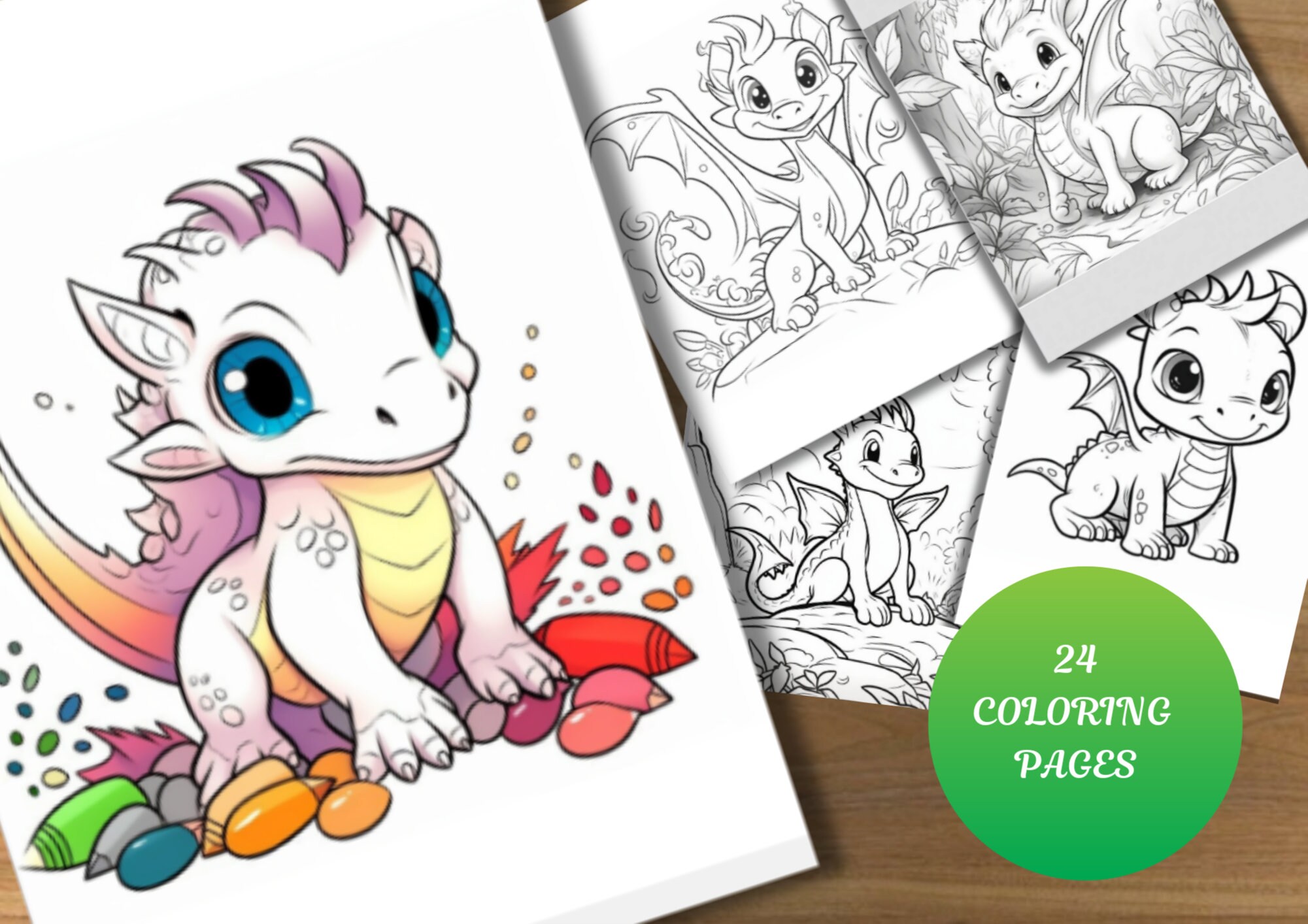 24 Baby Cute Dragon Fantasy Coloring Pages Adults Kids - Etsy