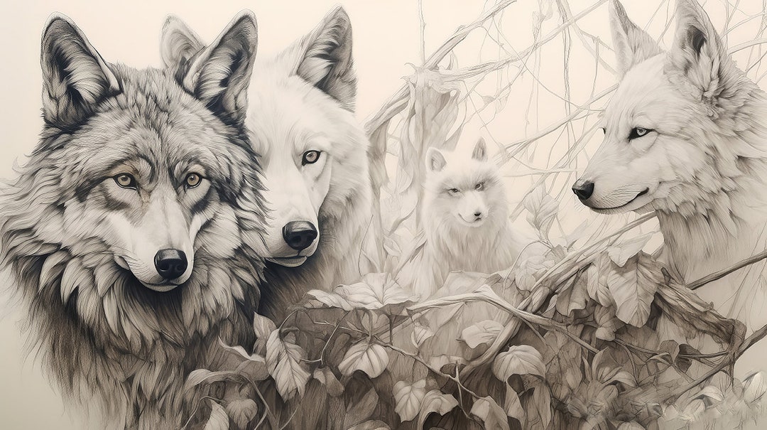 Wolves, Pencil Drawing of Four Wolves, Digital Wall Art, Ai-generated ...