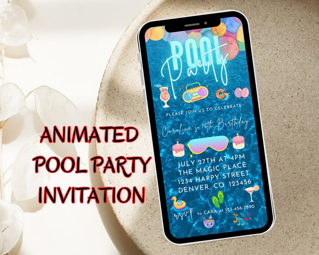 Animated Pool Party Birthday Invitation Video, Pool Neon Beach Theme ...