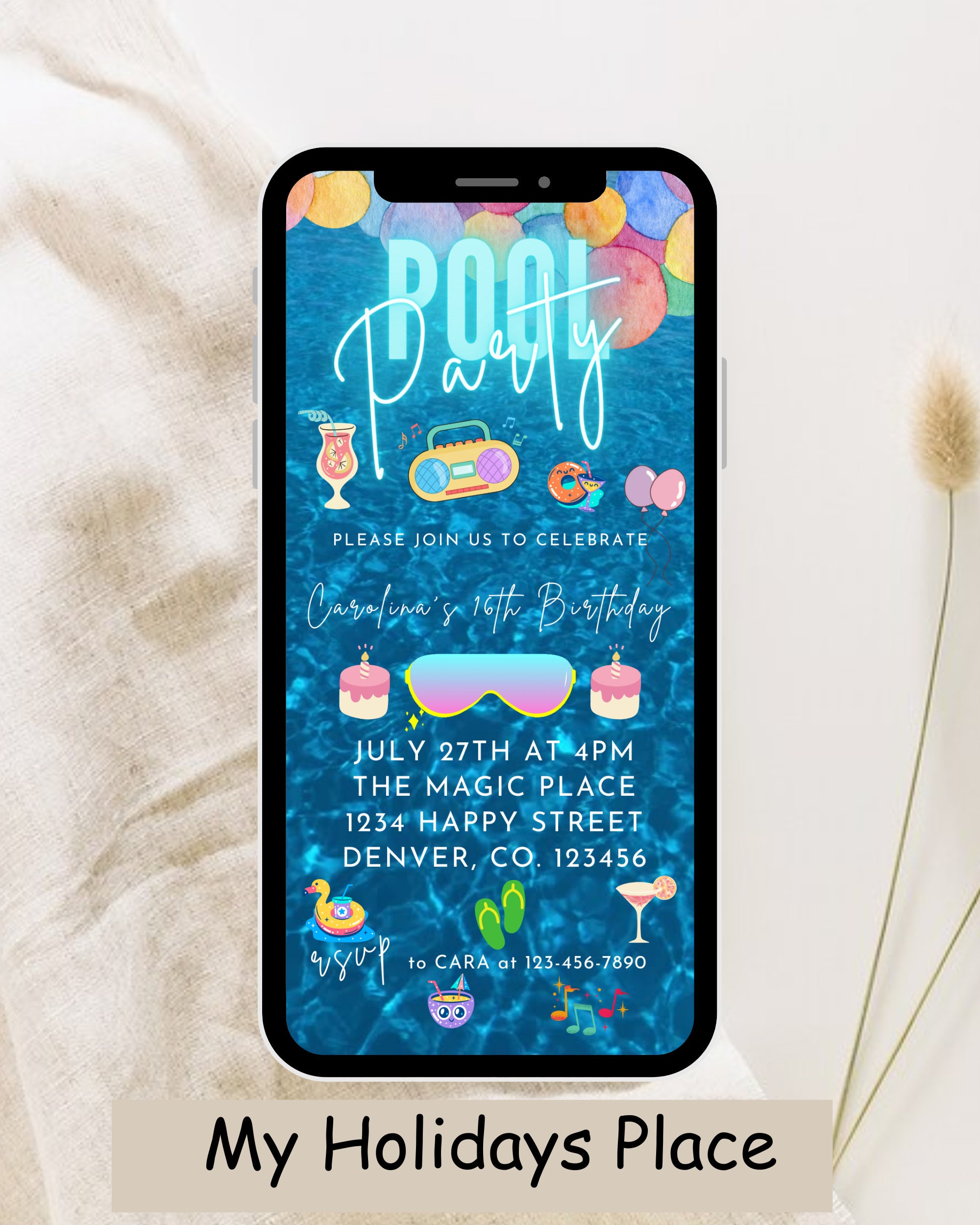 Animated Pool Party Birthday Invitation Video, Pool Neon Beach Theme ...