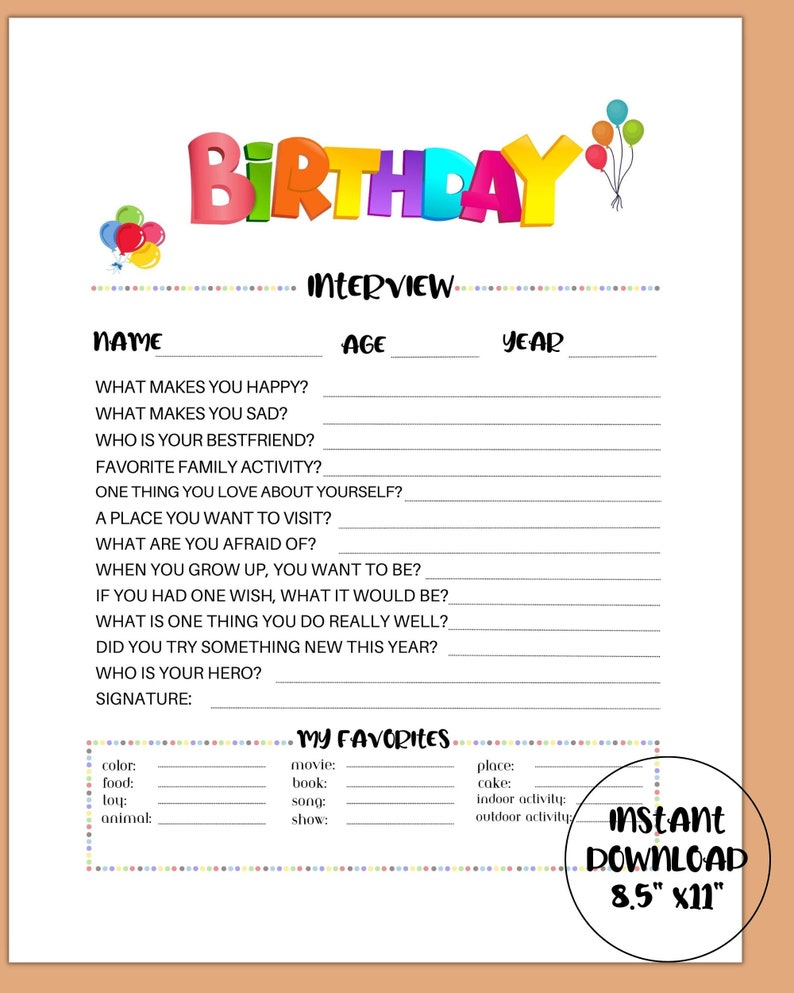 Birthday Interview, Birthday Card, 8.5x11 Printable Kids Annual ...