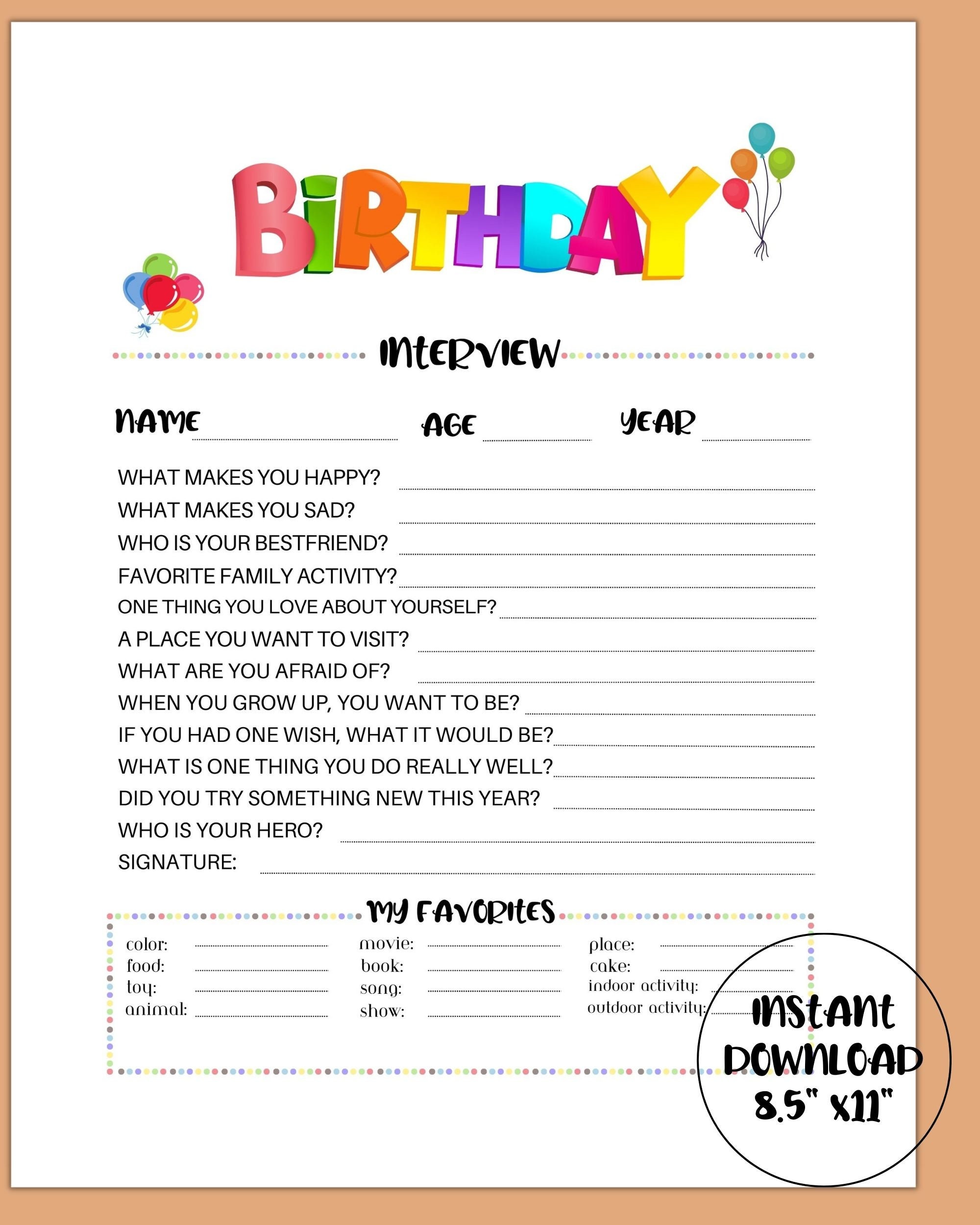Birthday Interview, Birthday Card, 8.5x11 Printable Kids Annual ...