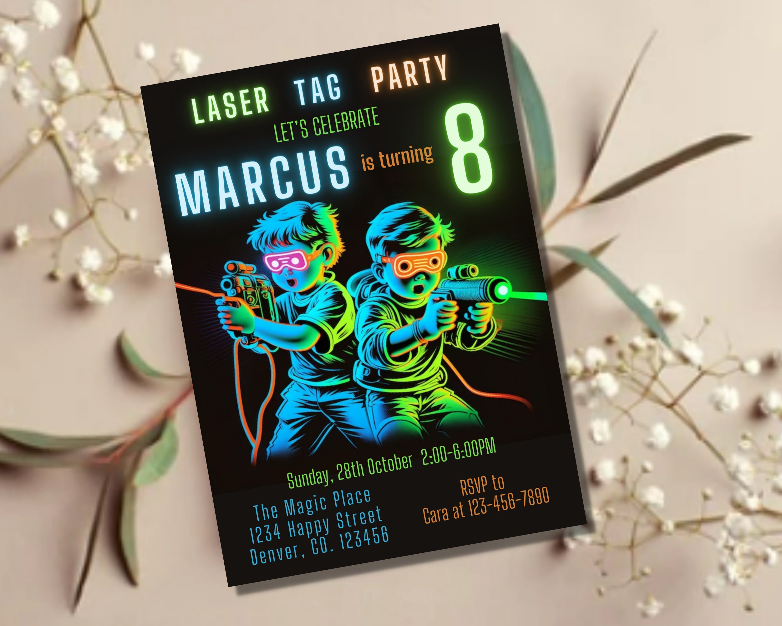 Editable Laser Tag Birthday Invitation, Neon Laser Tag Invite, Glow ...