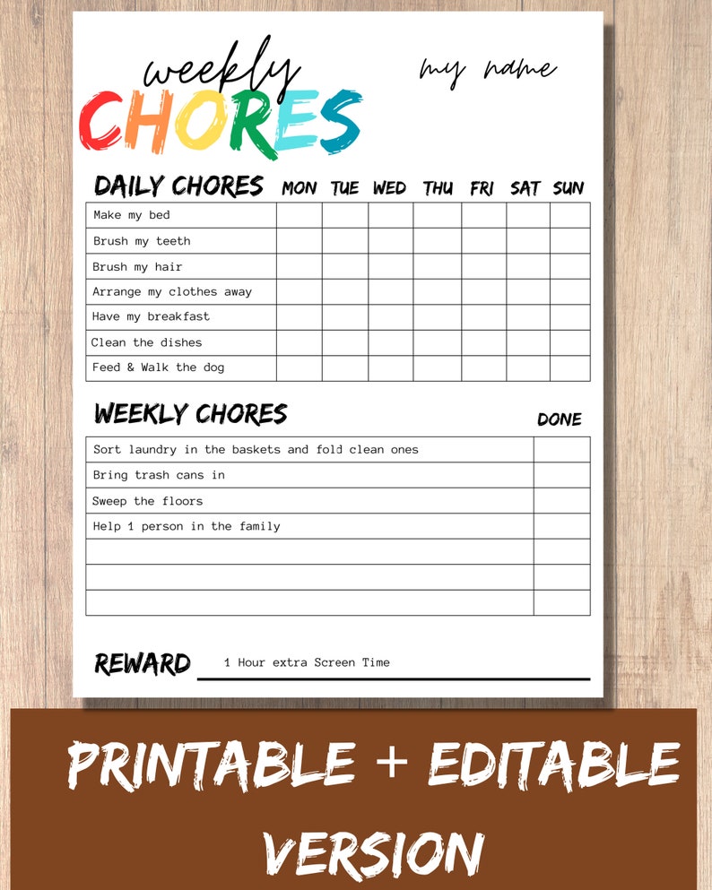 Chore Chart for Kids, Back to School, Kids Chores, Kids Chore Chart ...