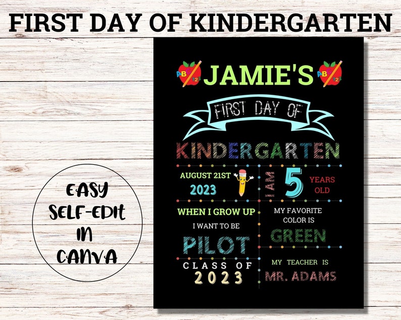 Back to School Editable Colorful First Day of School Chalkboard Sign ...