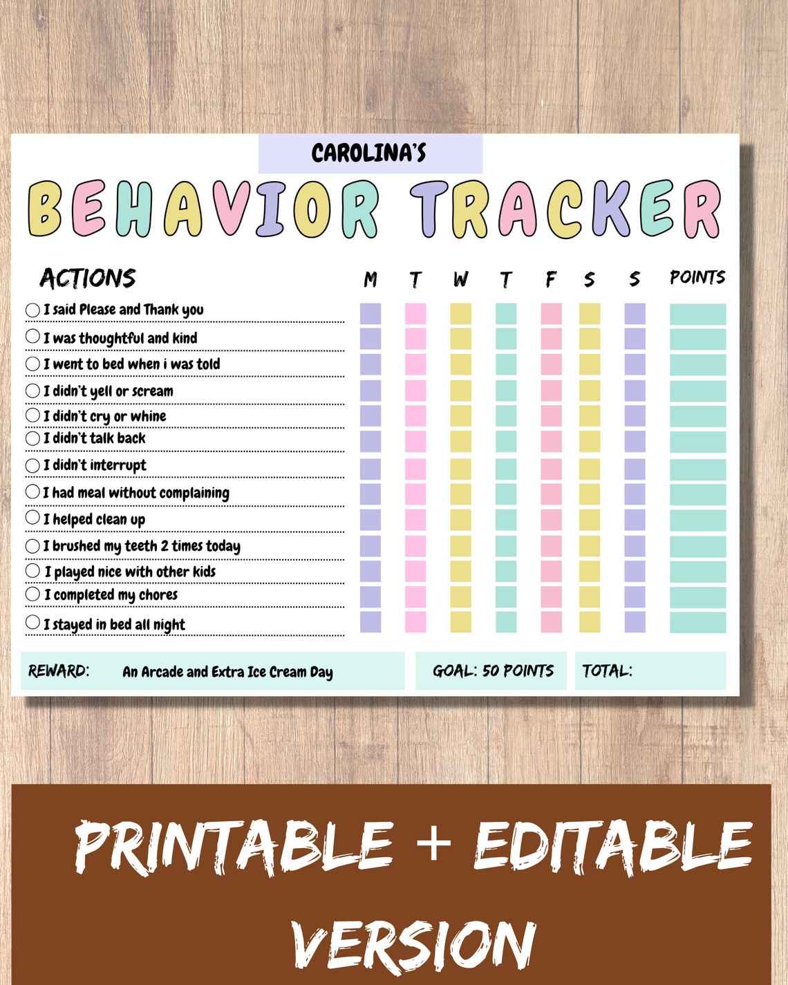 Behavior Reward Chart for Kids, Digital Printable, Editable, Digital ...