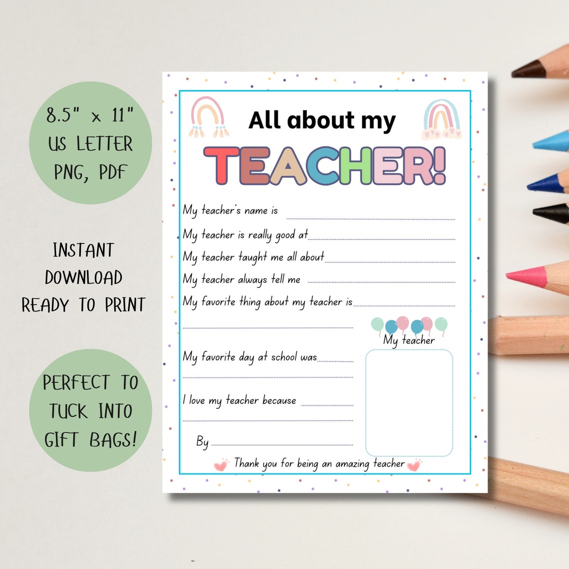 Teacher Appreciation End of School Printable Teacher Appreciation Gift ...