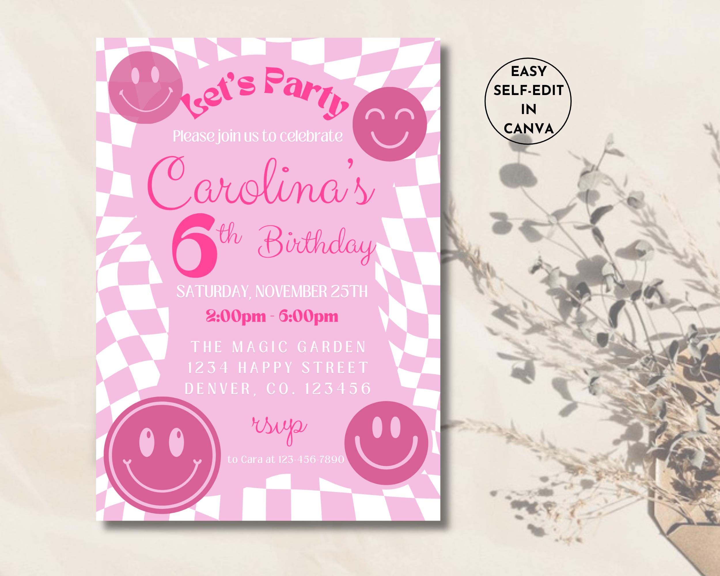 Pink Smiley Face Birthday Invitation, Let's Party Retro Smiley Invite ...