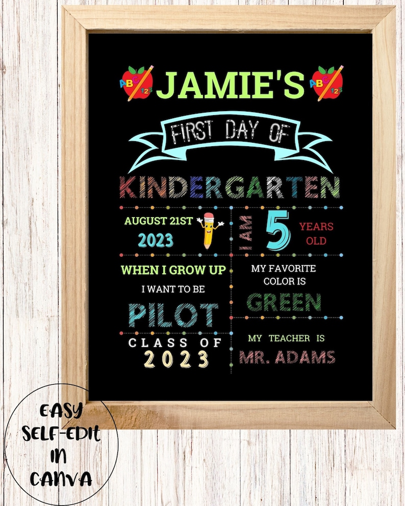 Back to School Editable Colorful First Day of School Chalkboard Sign ...