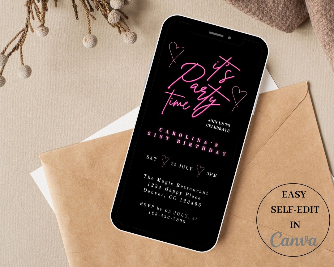Digital Birthday Party Invitation, Pink Neon Light Invitation Template ...