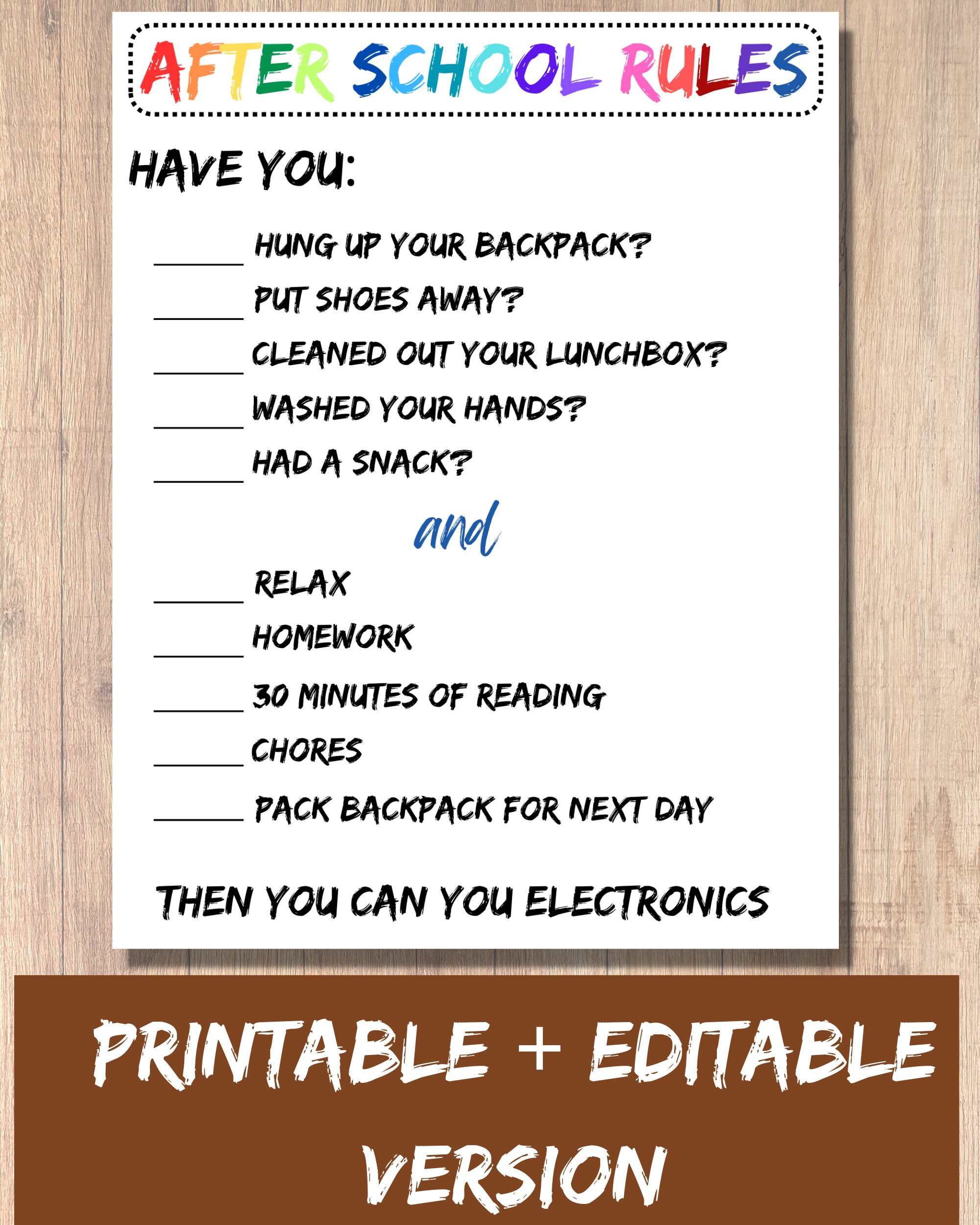 After School Rules Editable and Printable, Back to School Daily Routine ...