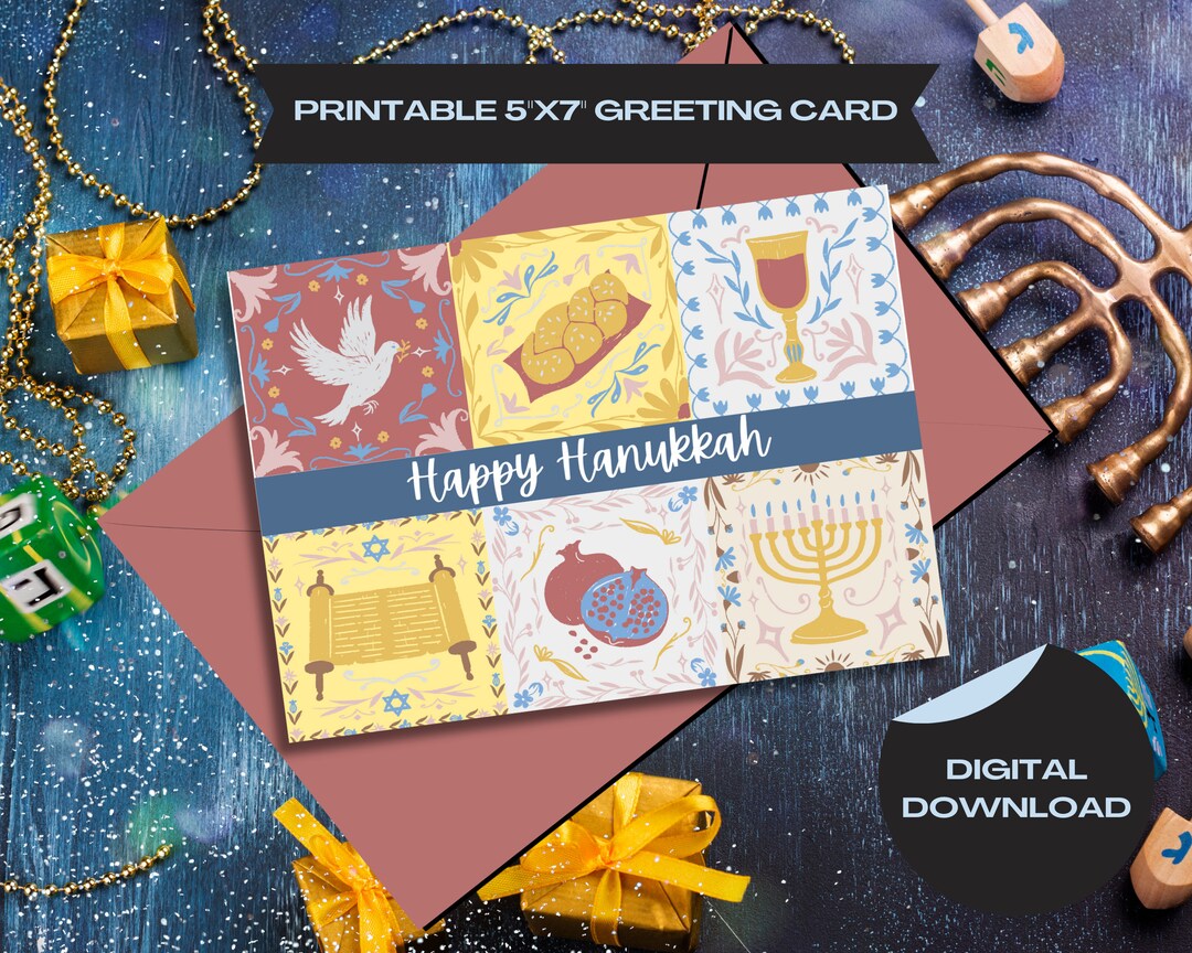 Happy Hanukkah Card, Digital Download Card, Menorah, Challah, Goblet ...