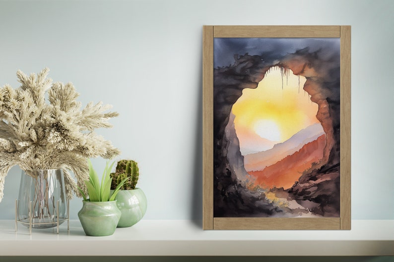 Sunset Cave Digital Watercolor Print - Cave Art, Sunset Painting, Wall ...