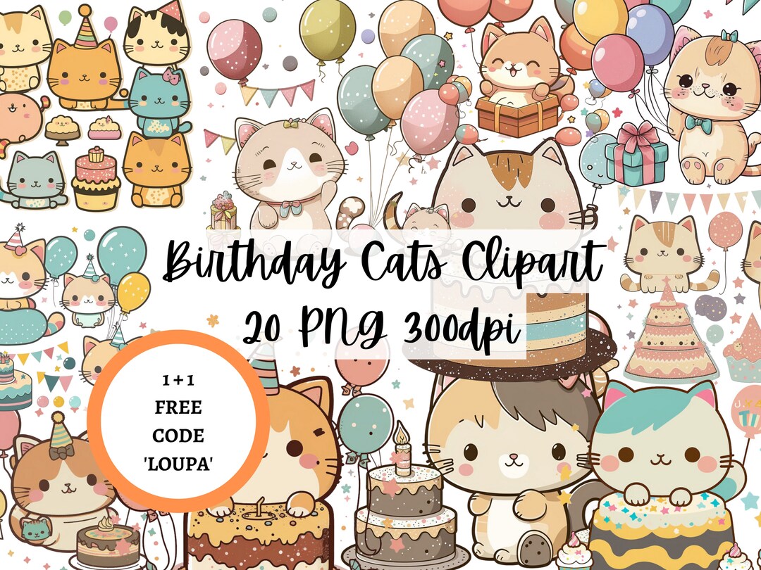 Birthday Cat Clipart Kawaii Cat Birthday Clipart Japan Kawaii - Etsy