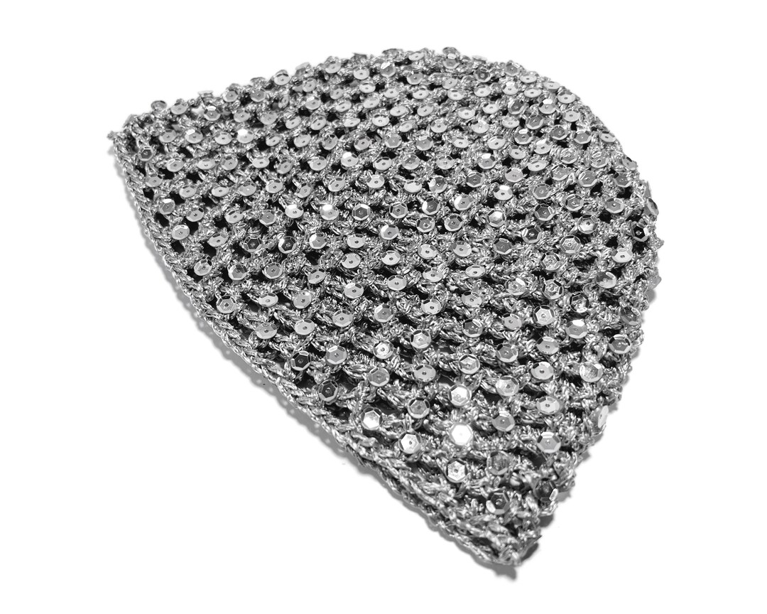 100% Viscose Hand-crocheted Skull Cap Hat Super Sequin Sparkle DARK ...
