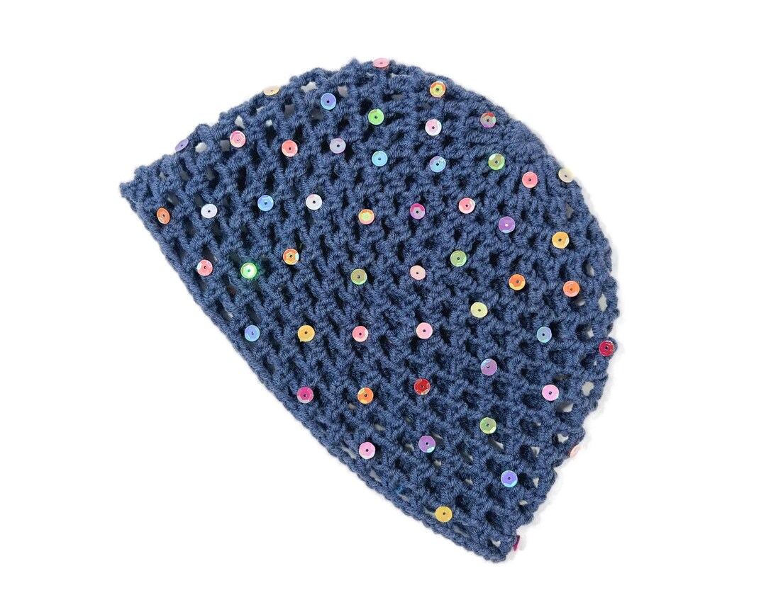 Hand-crocheted Skull Cap Hat | Sequin Sparkle | Party Hat | DENIM DOTS ...