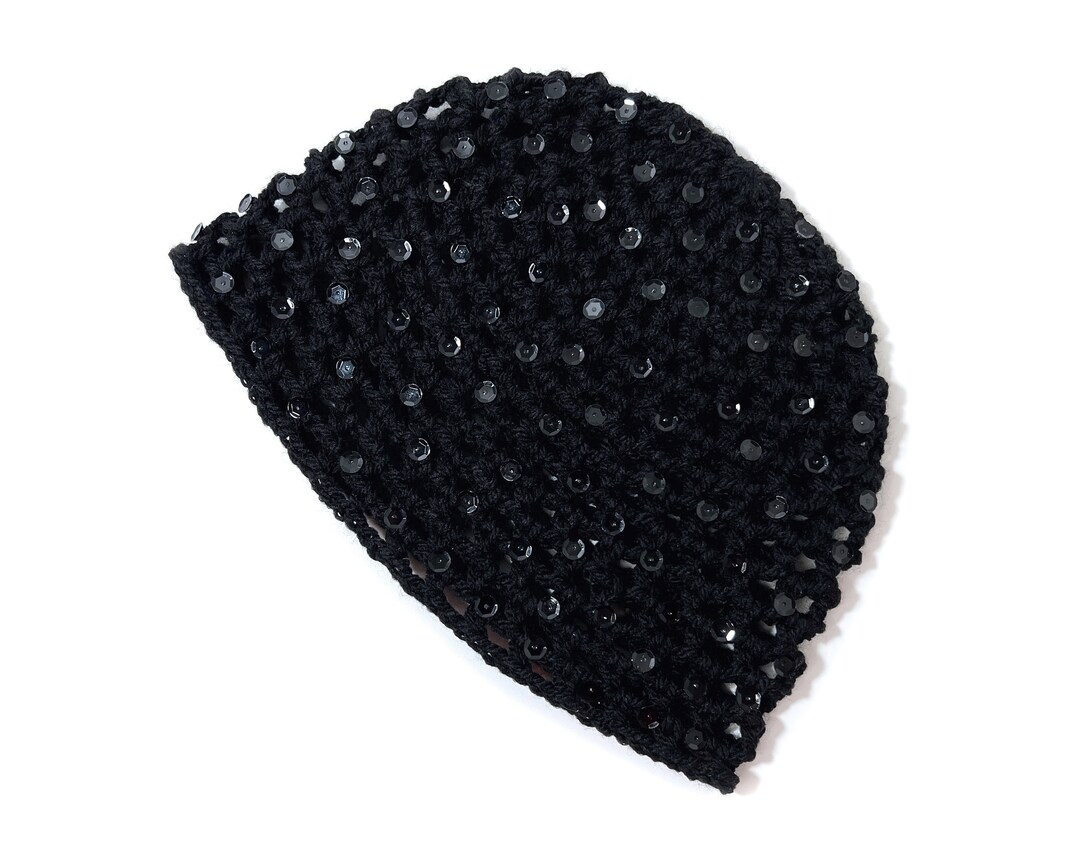 Hand-crocheted Skull Cap Hat Sequin Sparkle Party Hat JET BLACK - Etsy