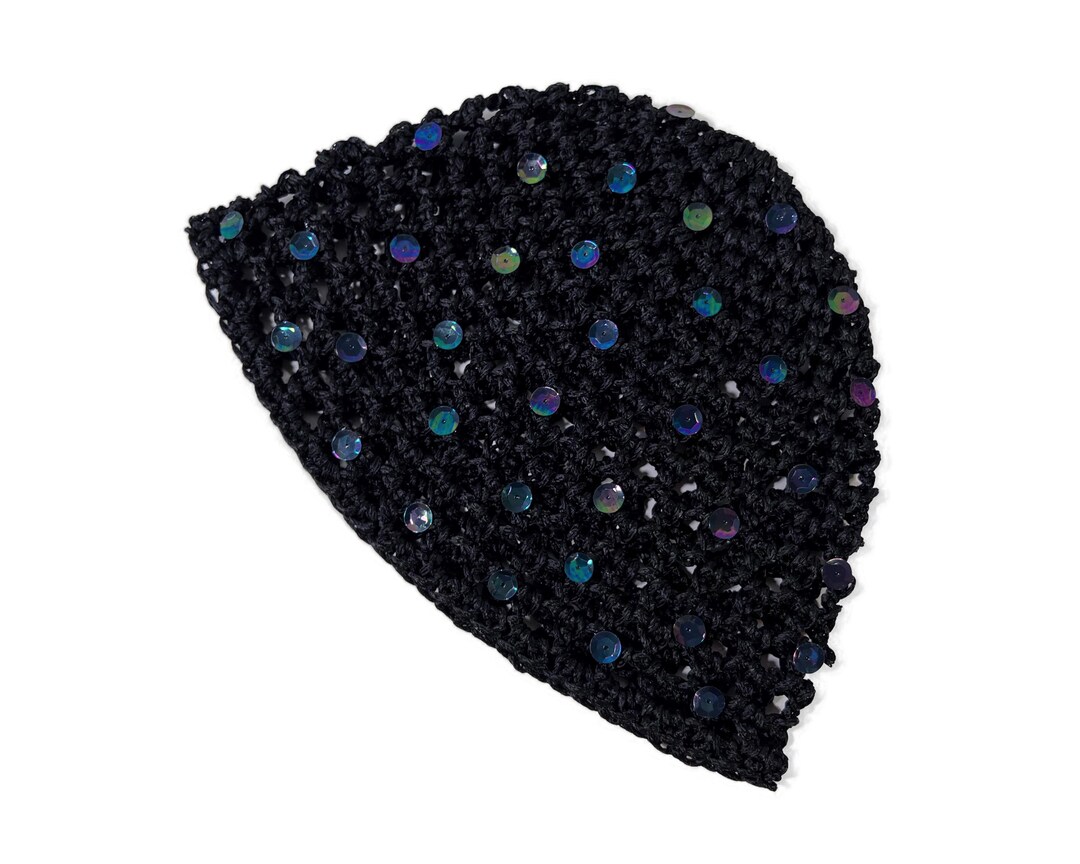 100% Viscose Hand-crochet Skull Cap Hat Sequin Sparkle DISCO LIGHTS ...