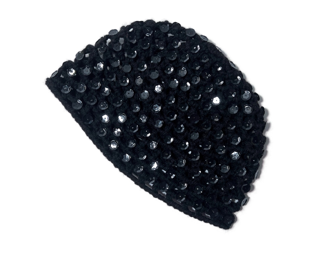 Hand-crocheted Skull Cap Hat Sequin Sparkle Party Hat JET BLACK Large ...