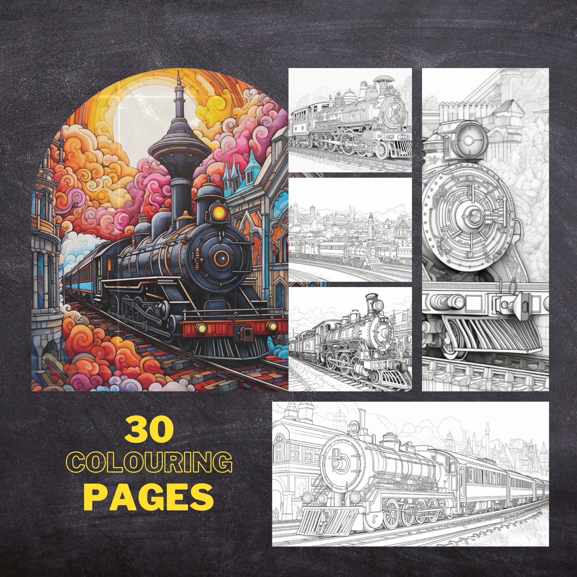 30 Trains Colouring Pages, Amazing Patterns, Adult Colouring Book ...
