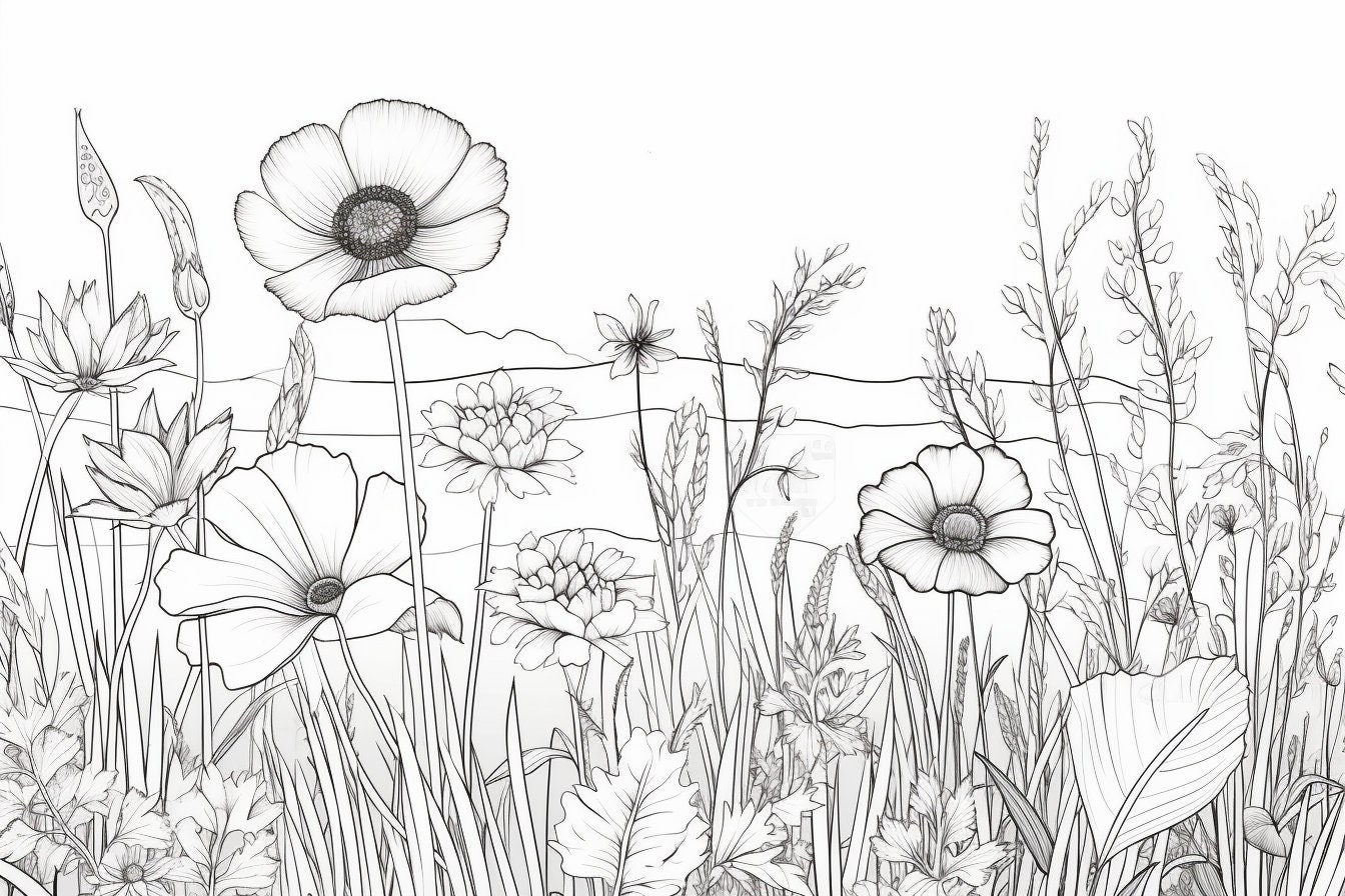 50 Flowers in a Field Colouring Pages for Adults, Amazing Patterns for ...