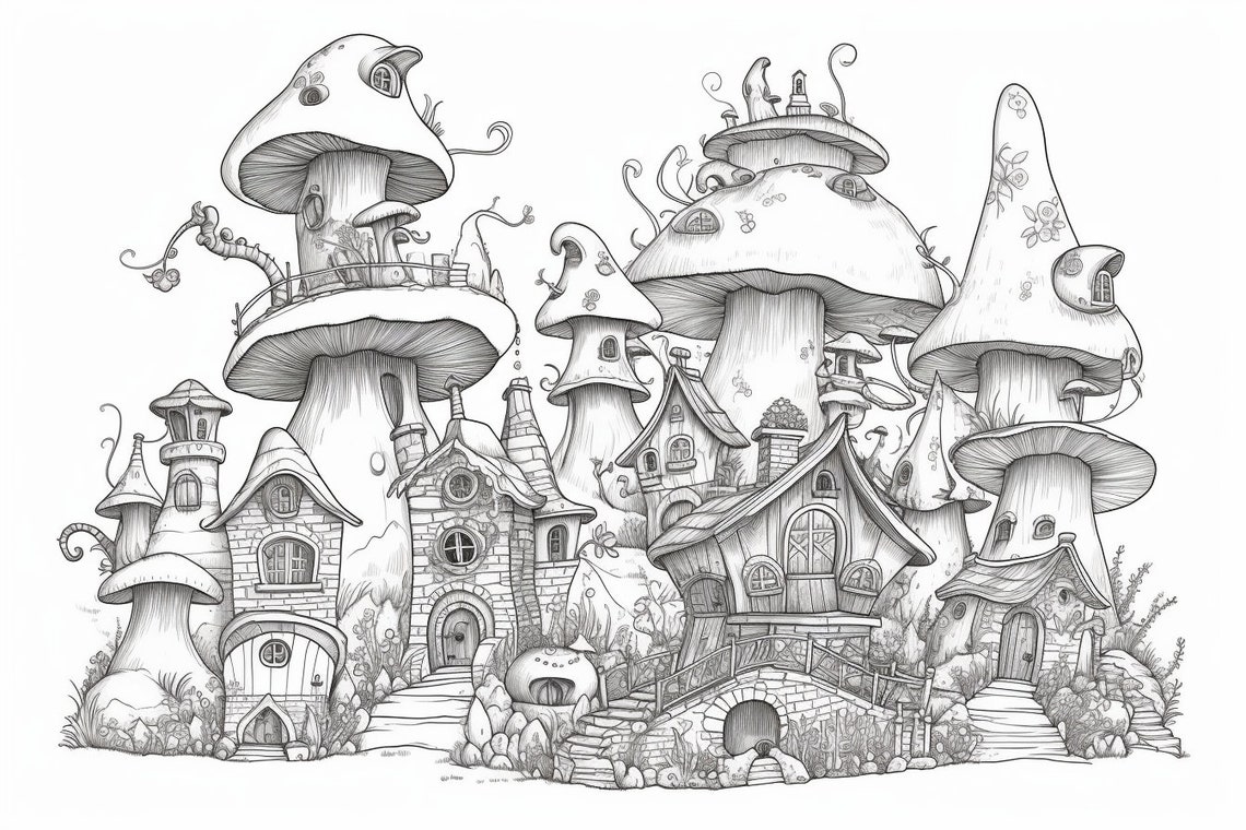 100 Mushroom Fairy Houses Colouring Pages for Adults, Amazing Patterns ...