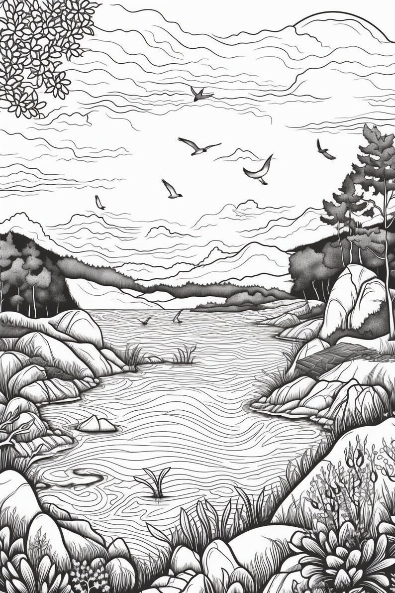 30 Shoreline Landscape Colouring Pages, Amazing Patterns, Adult ...