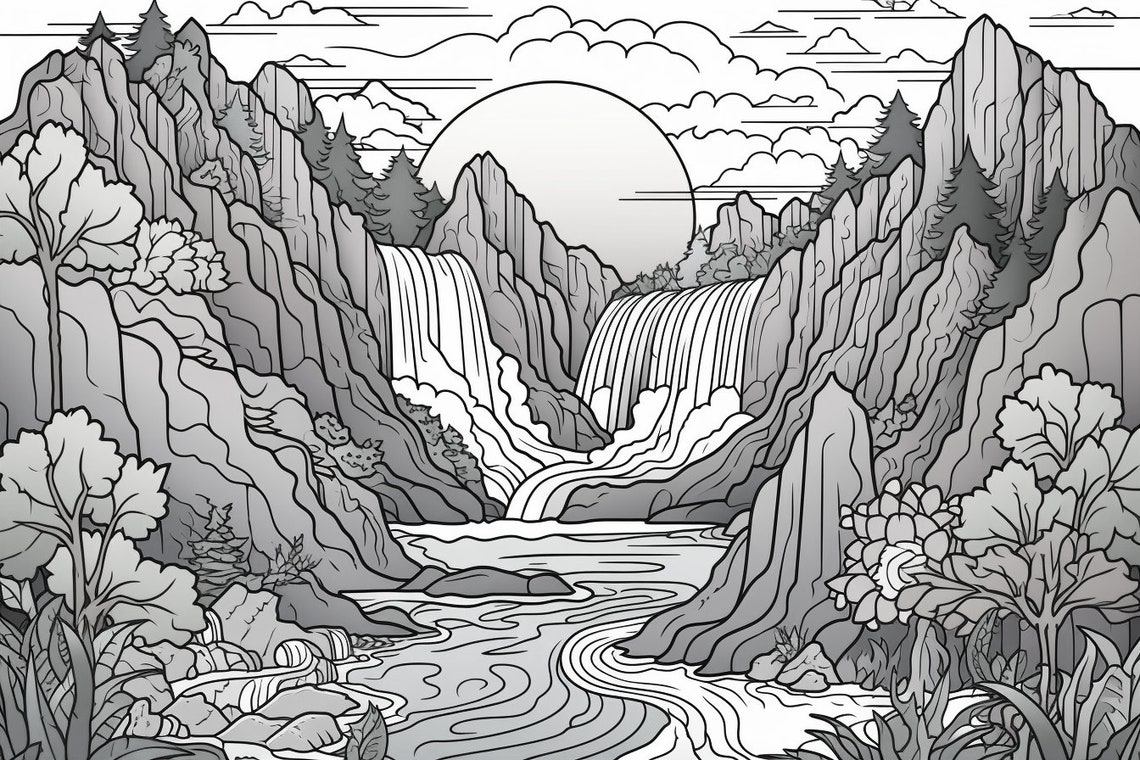 50 Waterfall Landscape Colouring Pages, Amazing Patterns, Adult ...