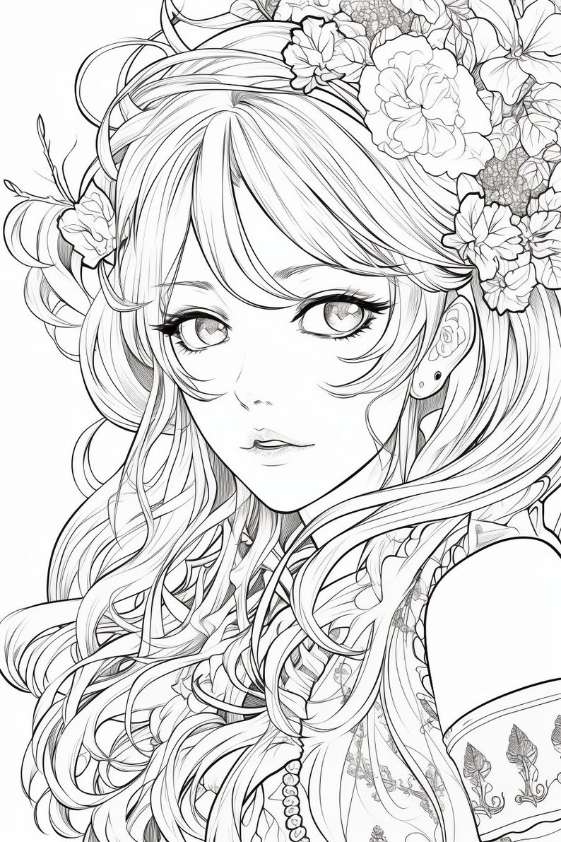 50 Anime Girl Colouring Pages for Adults, Amazing Patterns for Stress ...