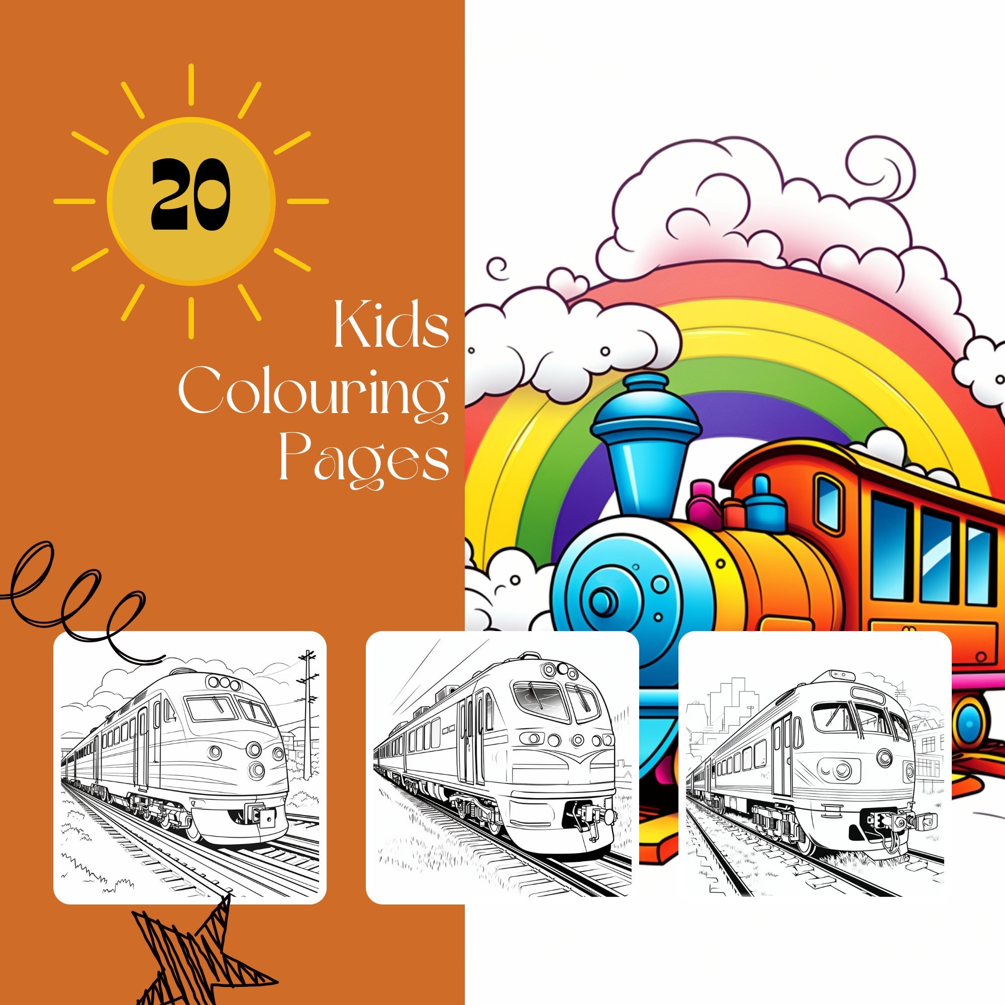 Train Coloring Pages for Kids, 20 Printable Train Coloring Sheets, Fun ...