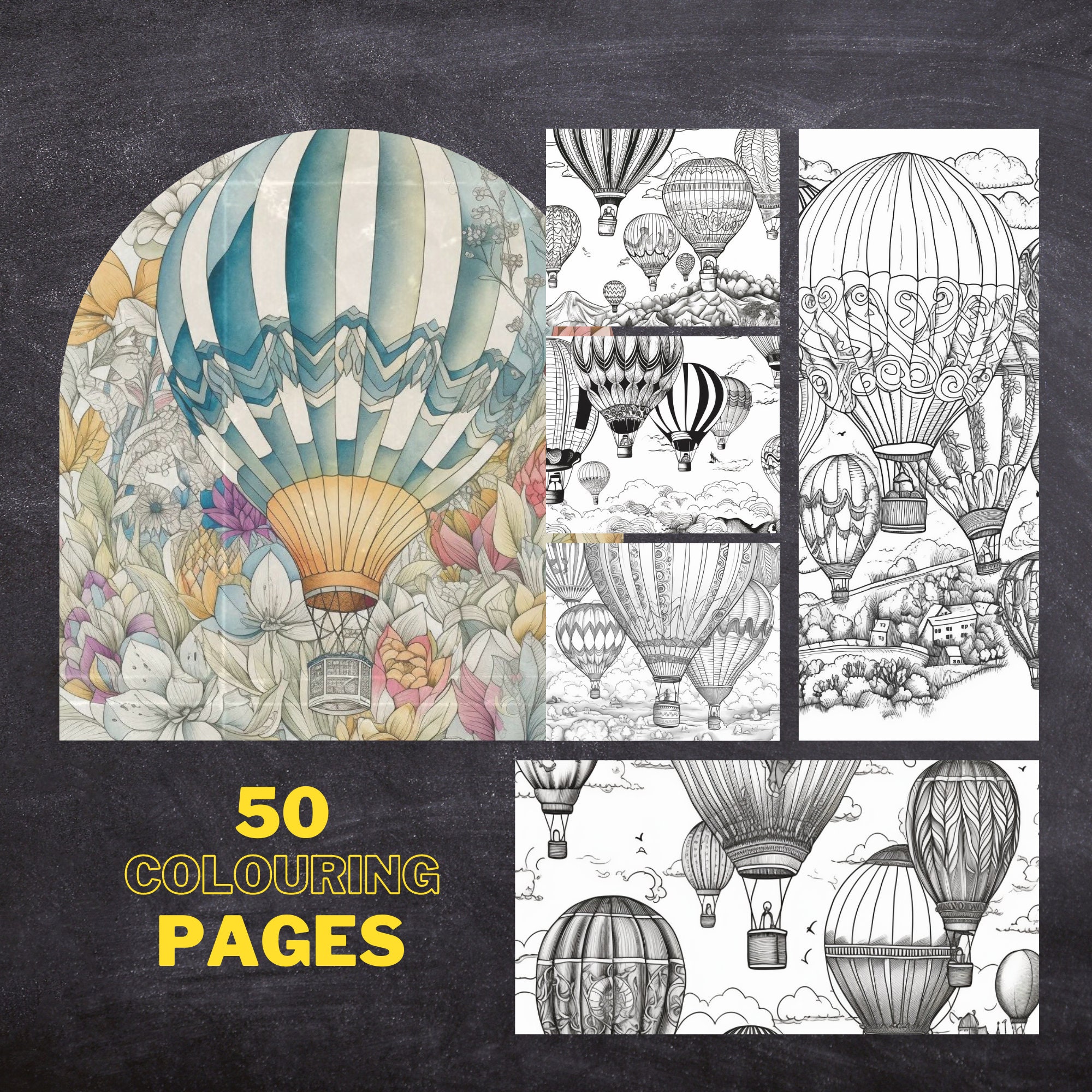 50 Hot Air Balloons Colouring Pages, Amazing Patterns, Adult Colouring ...