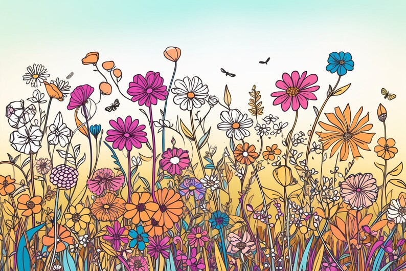 50 Flowers in a Field Colouring Pages for Adults, Amazing Patterns for ...