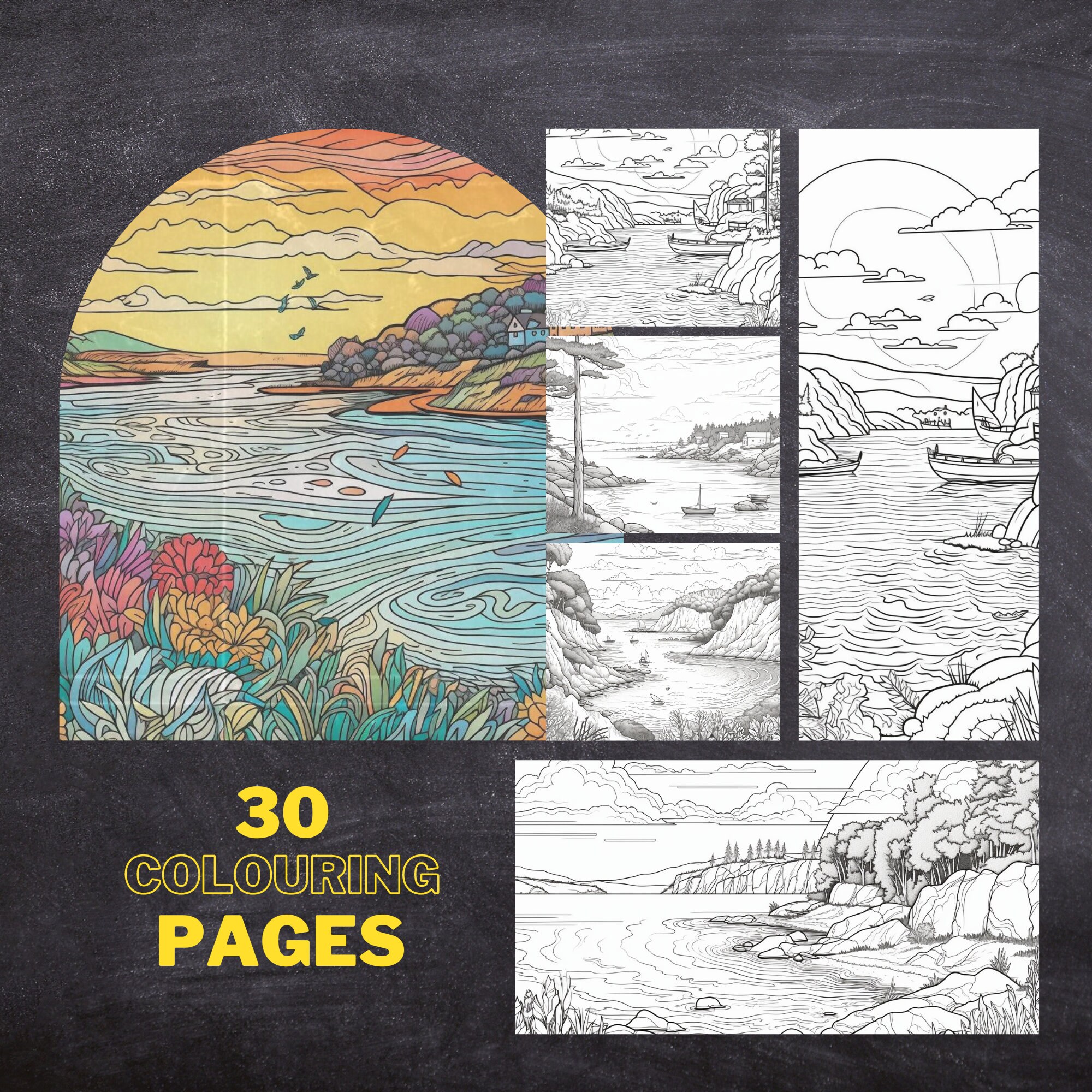 30 Shoreline Landscape Colouring Pages, Amazing Patterns, Adult ...