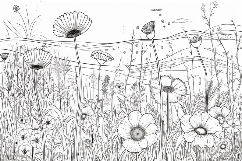 50 Flowers in a Field Colouring Pages for Adults, Amazing Patterns for ...