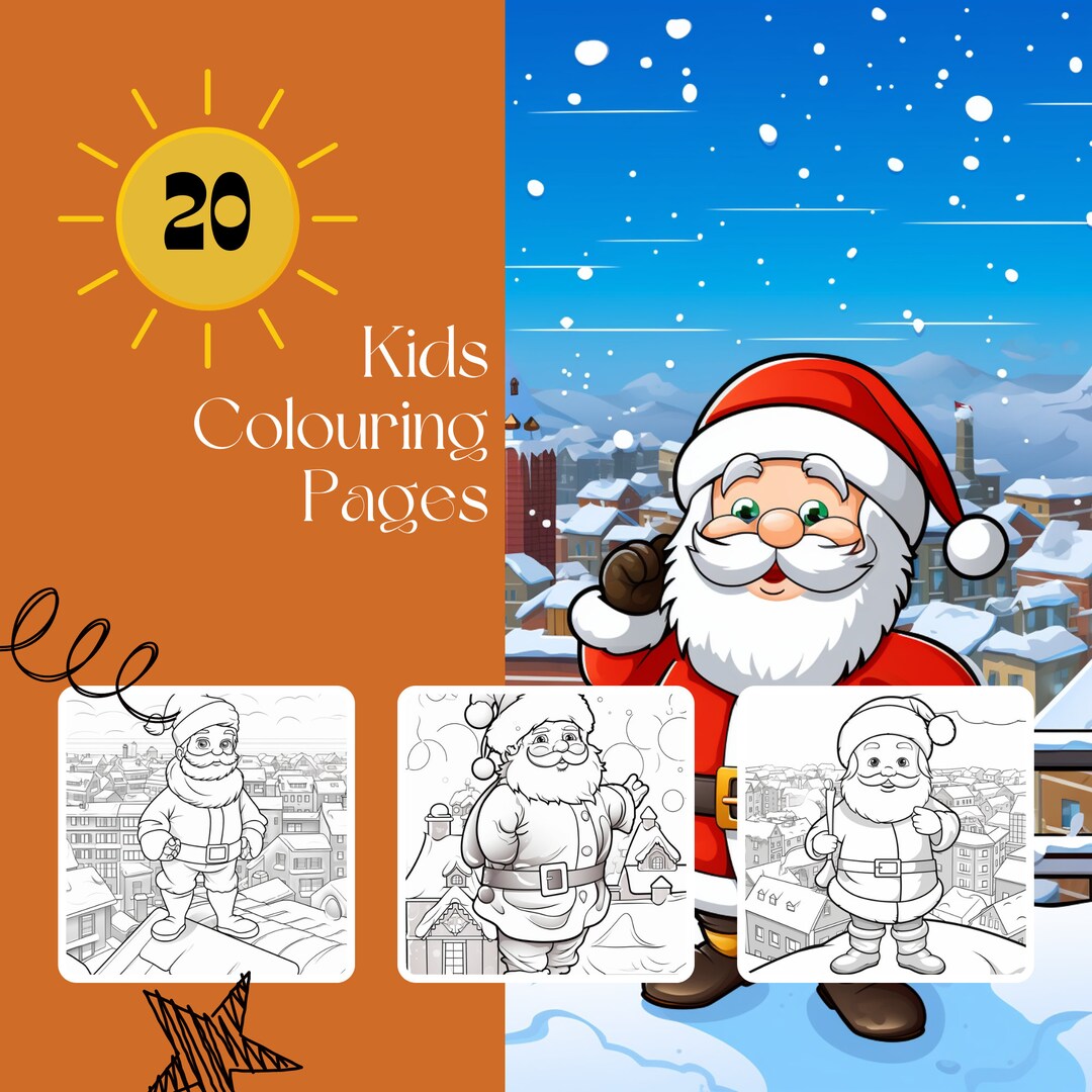20 Santa on the Snowy Rooftop Kids Colouring Pages, Amazing Patterns ...