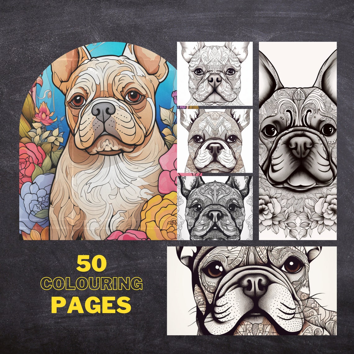50 French Bulldog Colouring Pages, Amazing Patterns, Adult Colouring ...