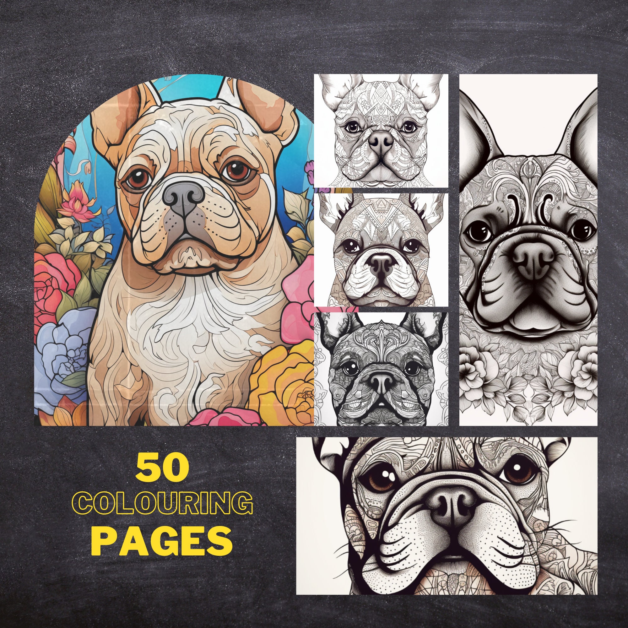 50 French Bulldog Colouring Pages, Amazing Patterns, Adult Colouring ...