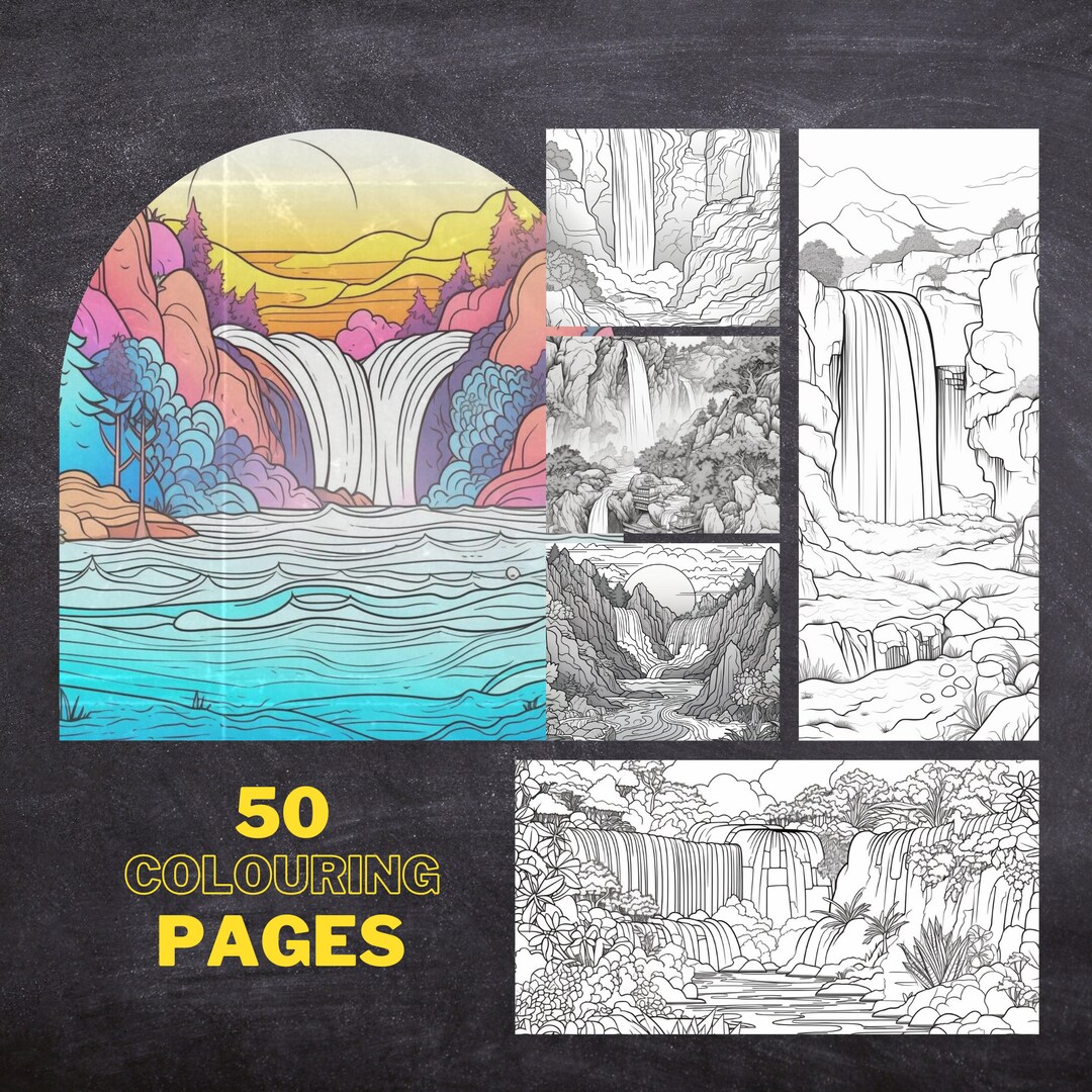 50 Waterfall Landscape Colouring Pages, Amazing Patterns, Adult ...