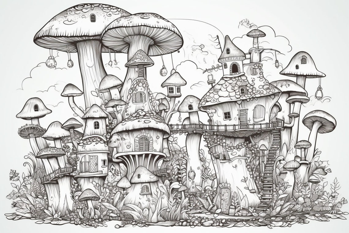 50 Mushroom Fairy Houses Colouring Pages for Adults, Amazing Patterns ...