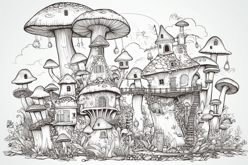 50 Mushroom Fairy Houses Colouring Pages for Adults, Amazing Patterns ...